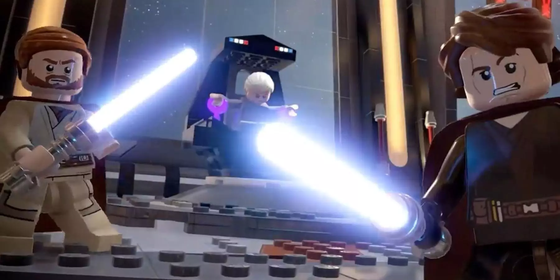 Anakin Skywalker na Obi-Wan Kenobi na-agbachitere Chancellor Palpatine na LEGO Star Wars: The Skywalker Saga