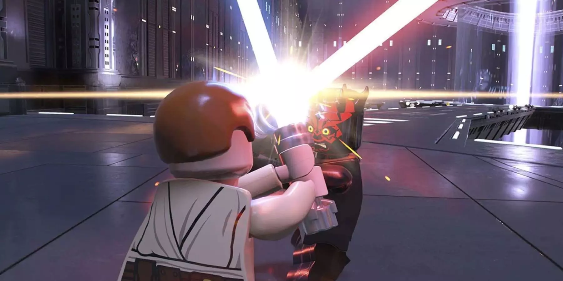 Darth Maul na Obi-Wan Kenobi duling na Naboo na njedebe nke Star Wars: The Phantom Menace in LEGO Star Wars: The Skywalker Saga