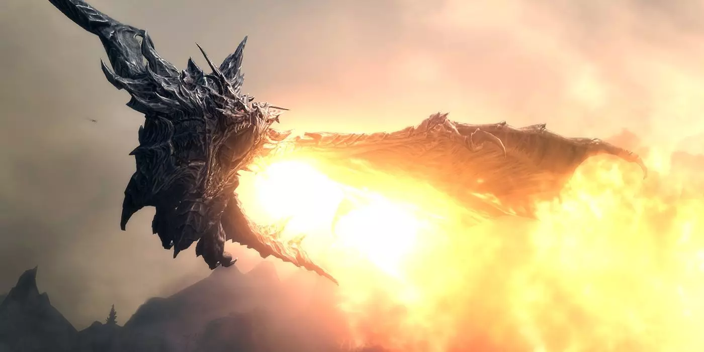 Alduin folosind suflarea de foc în Skyrim