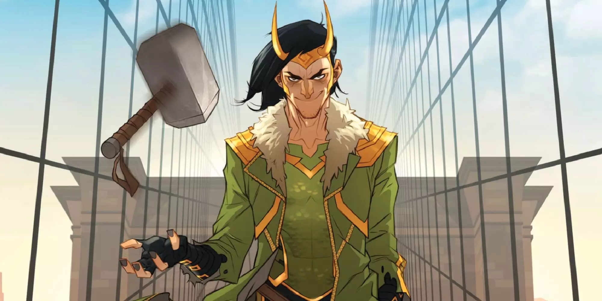 Loki yn cerdded ar draws pont yn gwenu ac yn taflu Mjolnir