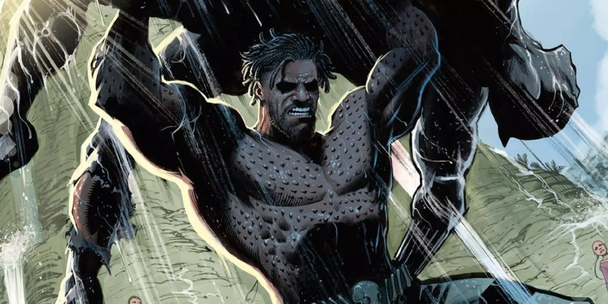 Isang walang sando na si Erik Killmonger na hawak ang Black Panther sa labanan