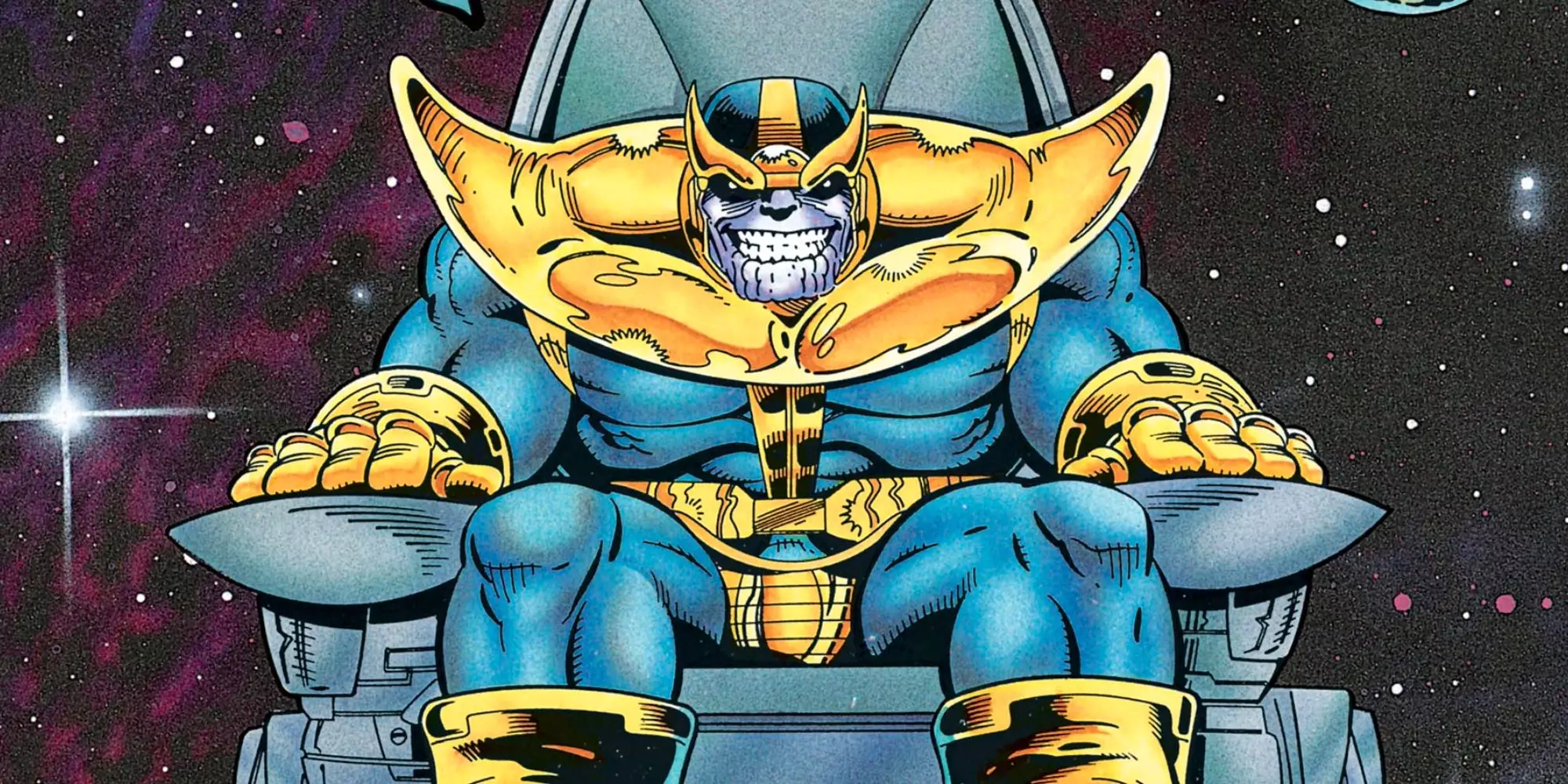 Thanos zâmbind și stând pe un tron în spațiul cosmic