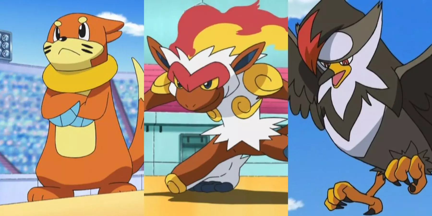 Buizel (chwith), Infernape (Canol), Straptor (Dde)