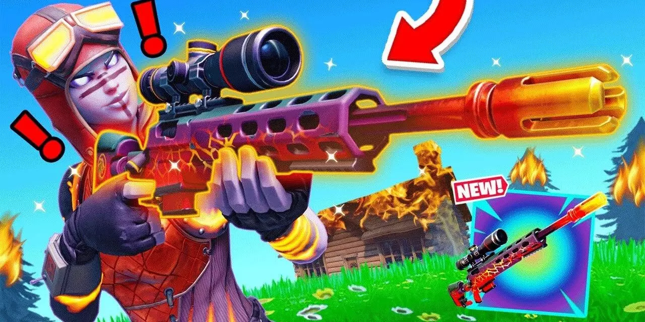 Nhân vật trong Fortnite cầm mũi tên đỏ của Dragon's Breath Sniper Rifle