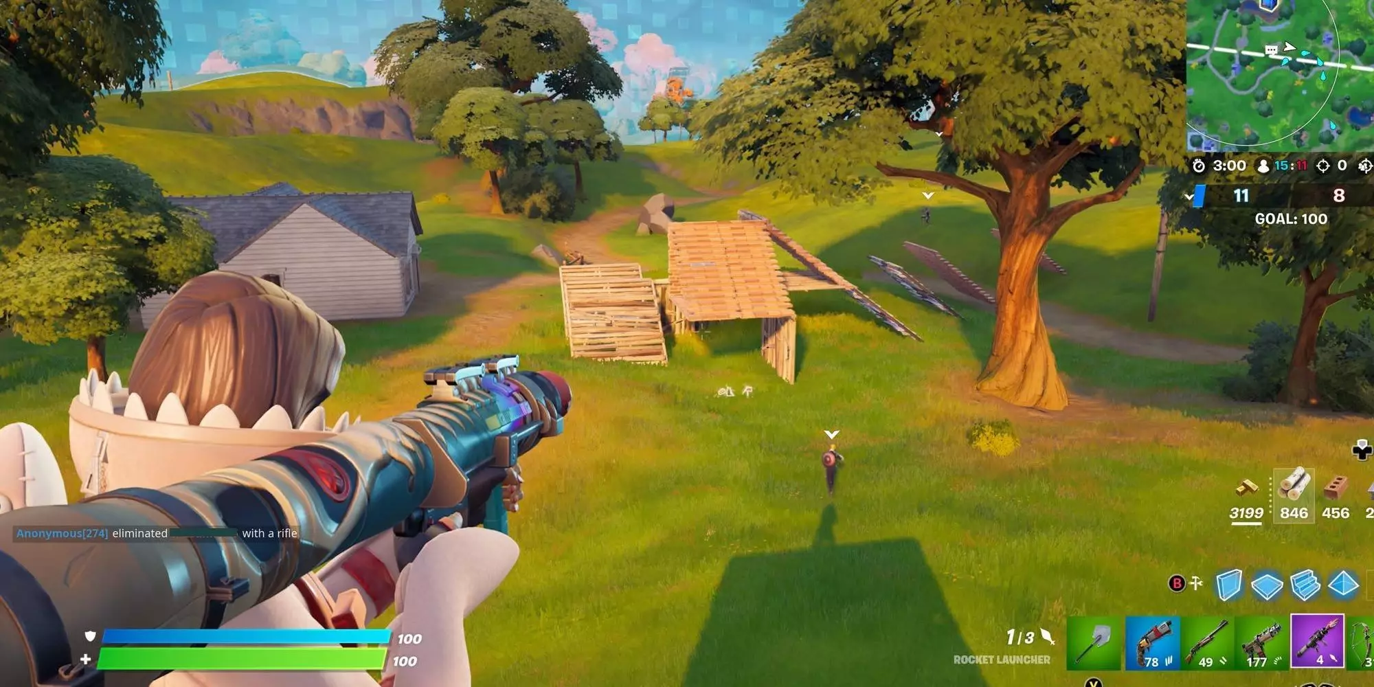 Ảnh chụp màn hình của Fortnite Rocket Launcher nhằm vào cấu trúc người chơi