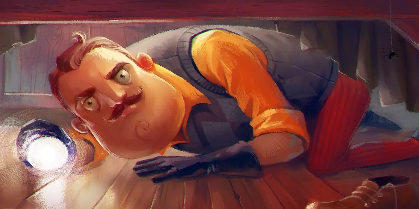 tetangga dengan senter mengintip di dalam mobil di Hello Neighbor