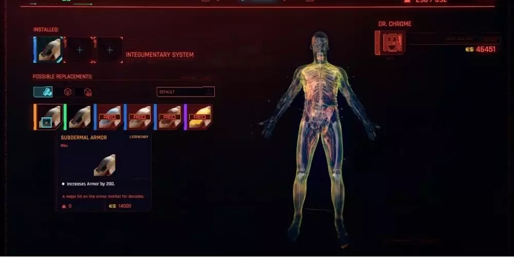 Cyberpunk 2077 Armor Subdermal Legendary amin'ny Menu Fividianana