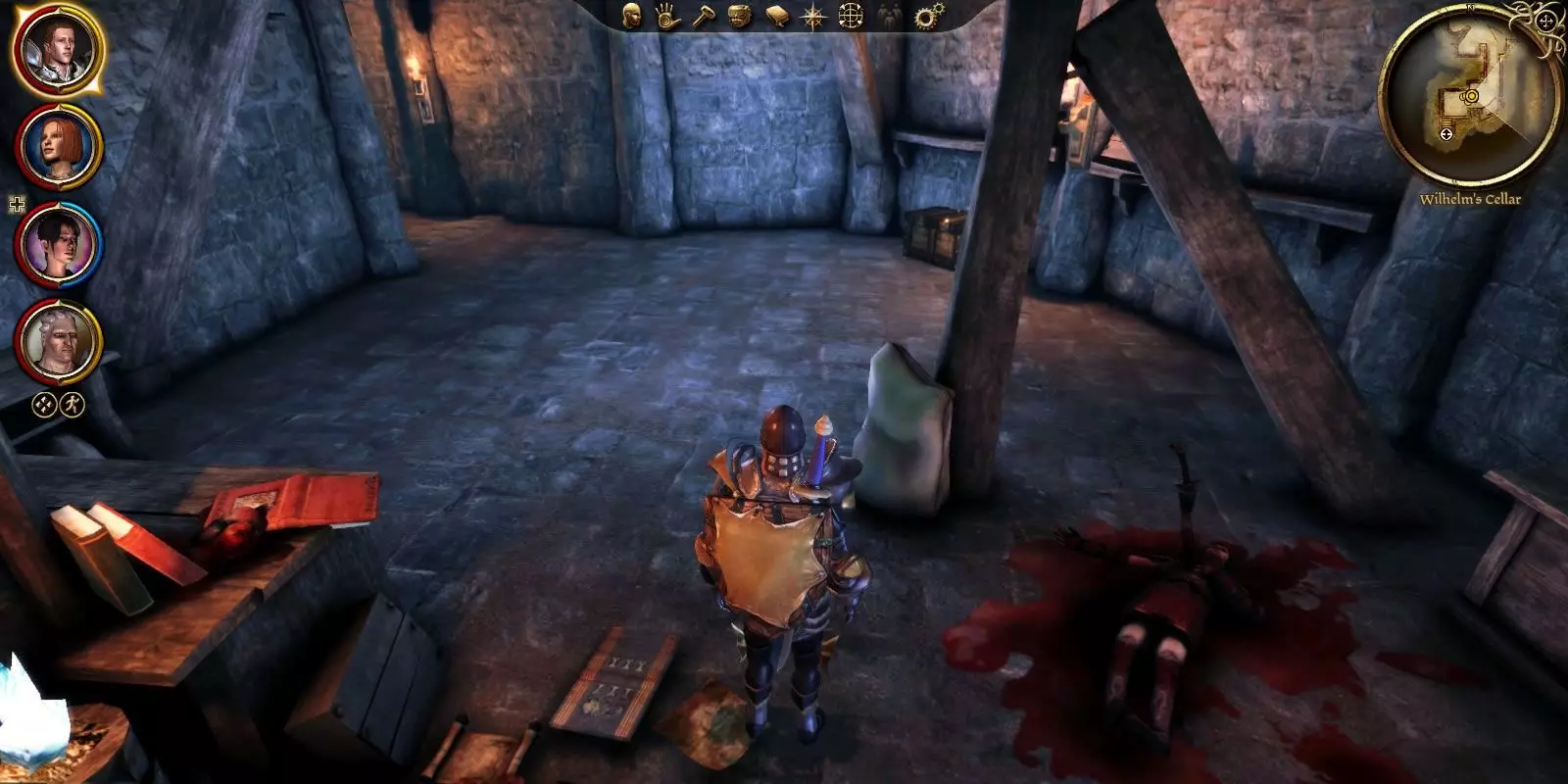 The Party explores Wilhelm's Cellar in Dragon Age: Origins