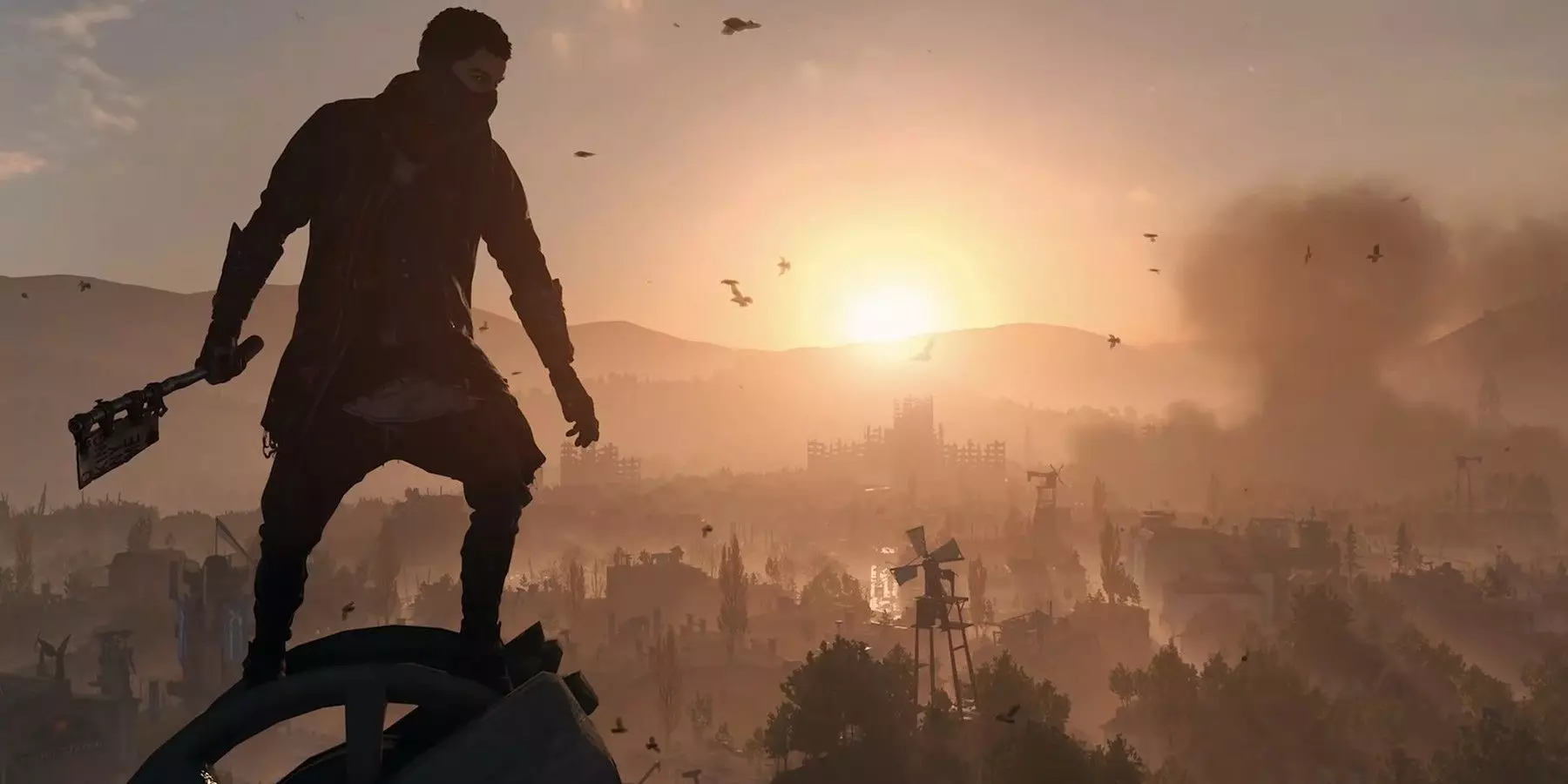 Dying Light 2 ابقَ بشريًا يحمل الفأس رجلًا يطل على المدينة