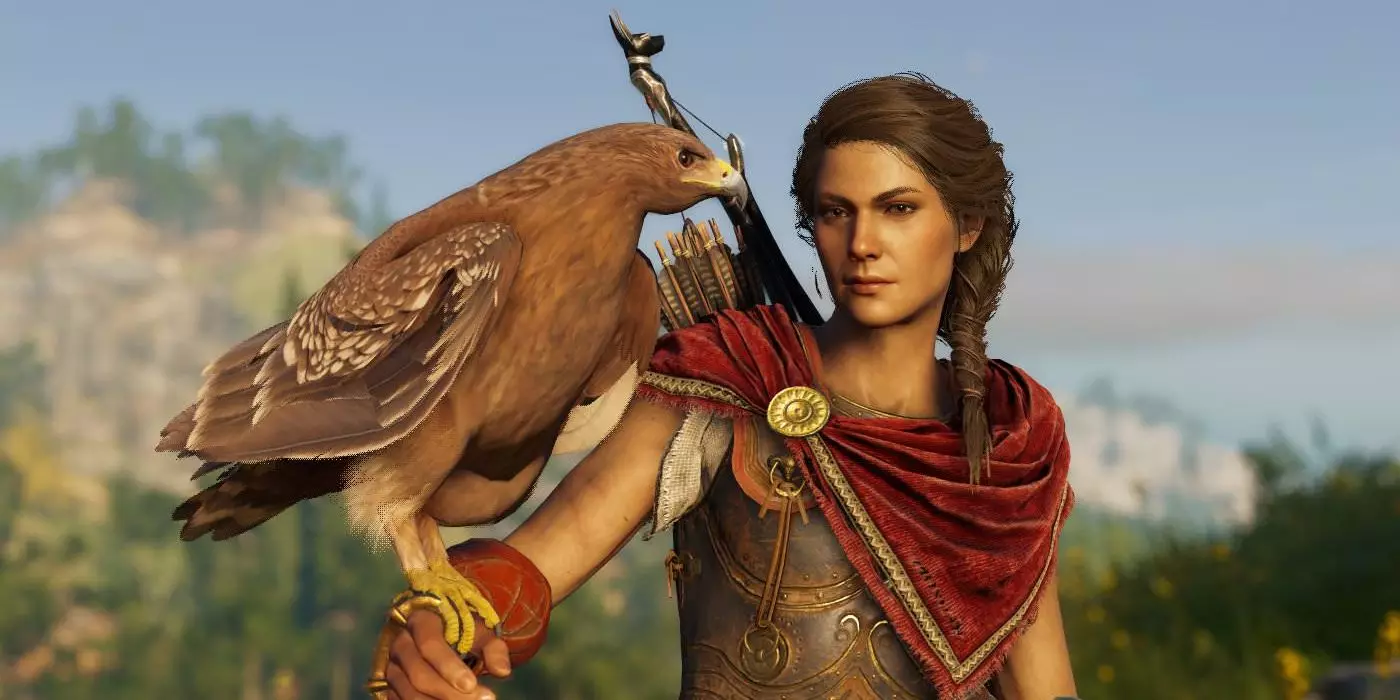 Zrzut ekranu Assassin's Creed Odyssey Kassandra z Ikarosem na ramieniu