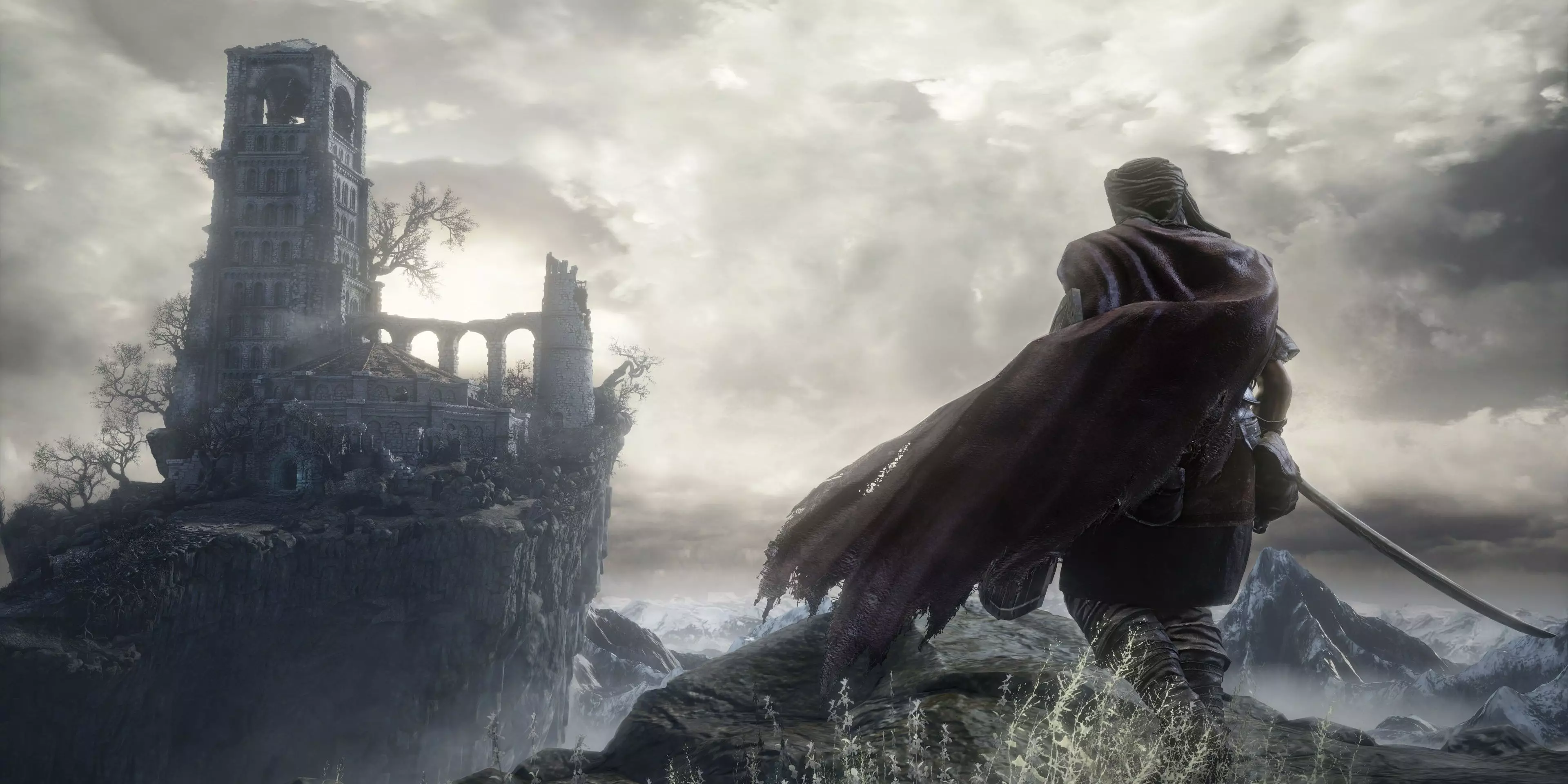 Dark Souls 3 Sellsword s výhledem na Firelink Shrine.