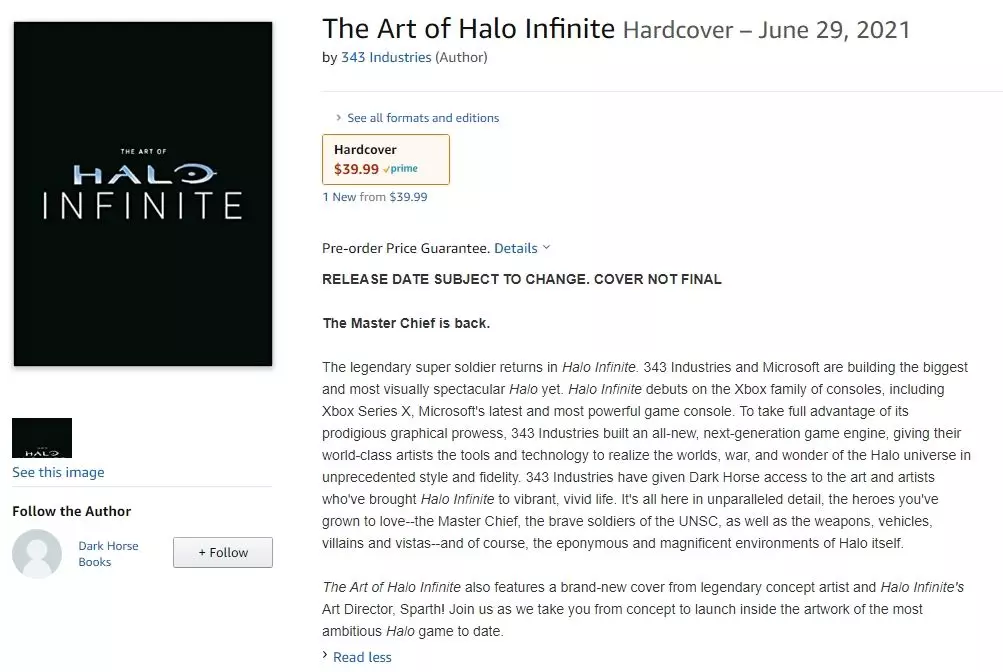 halo infintie taidekirja amazon listaus