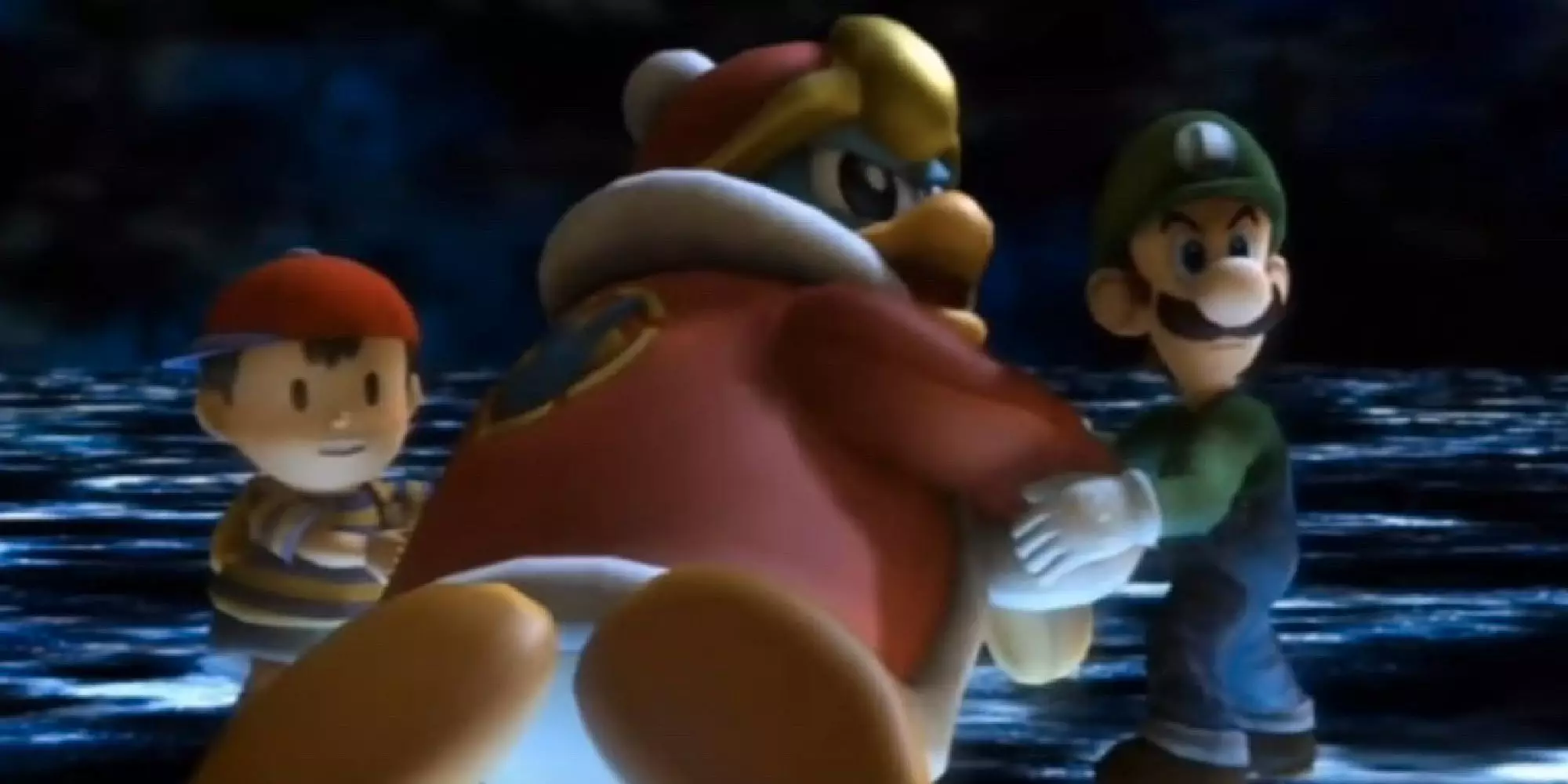 Luigi na Ness wakimsaidia Mfalme Dedede kuinuka kwenye Subspace