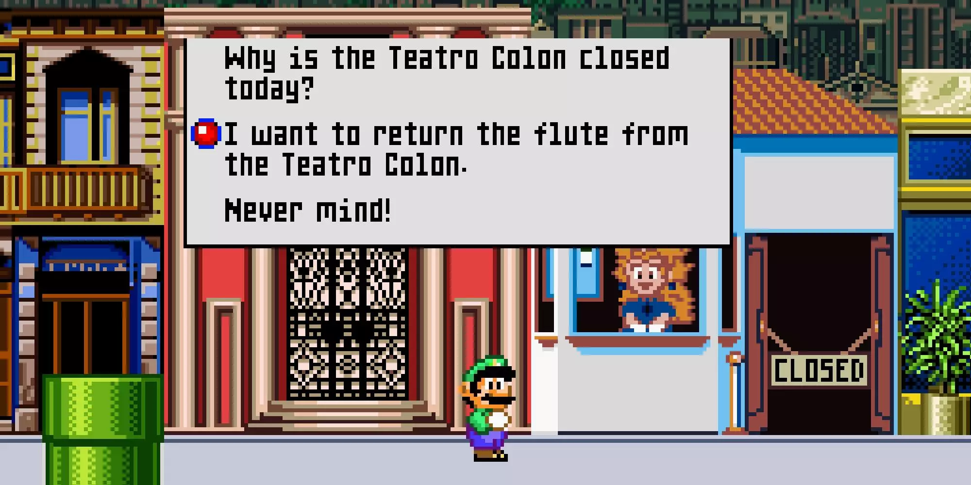 Luigi akiulizwa swali kuhusu Teatro Colon na Princess Peach