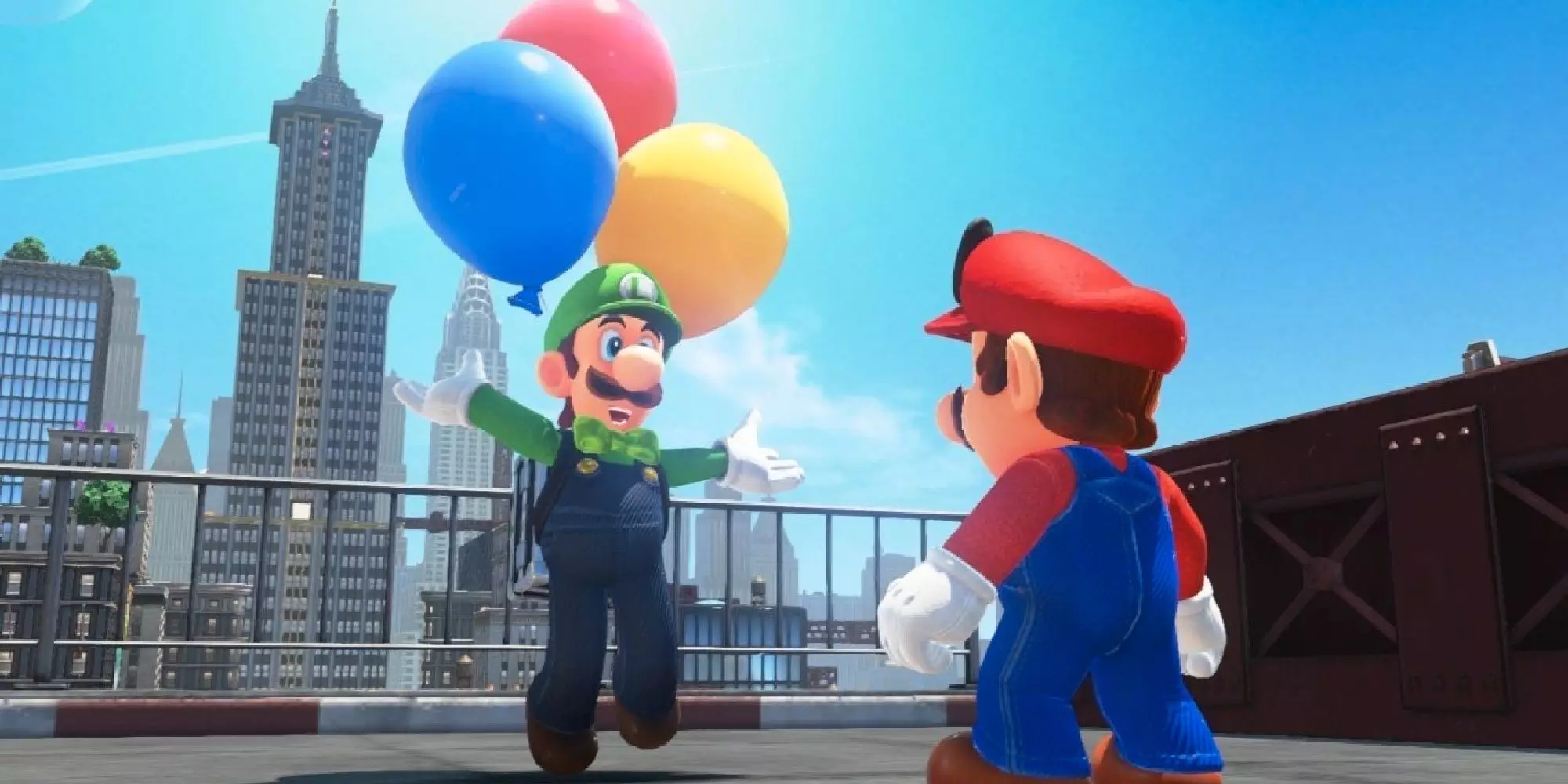 Luigi lander for at hilse på Mario på balloner i New Donk City