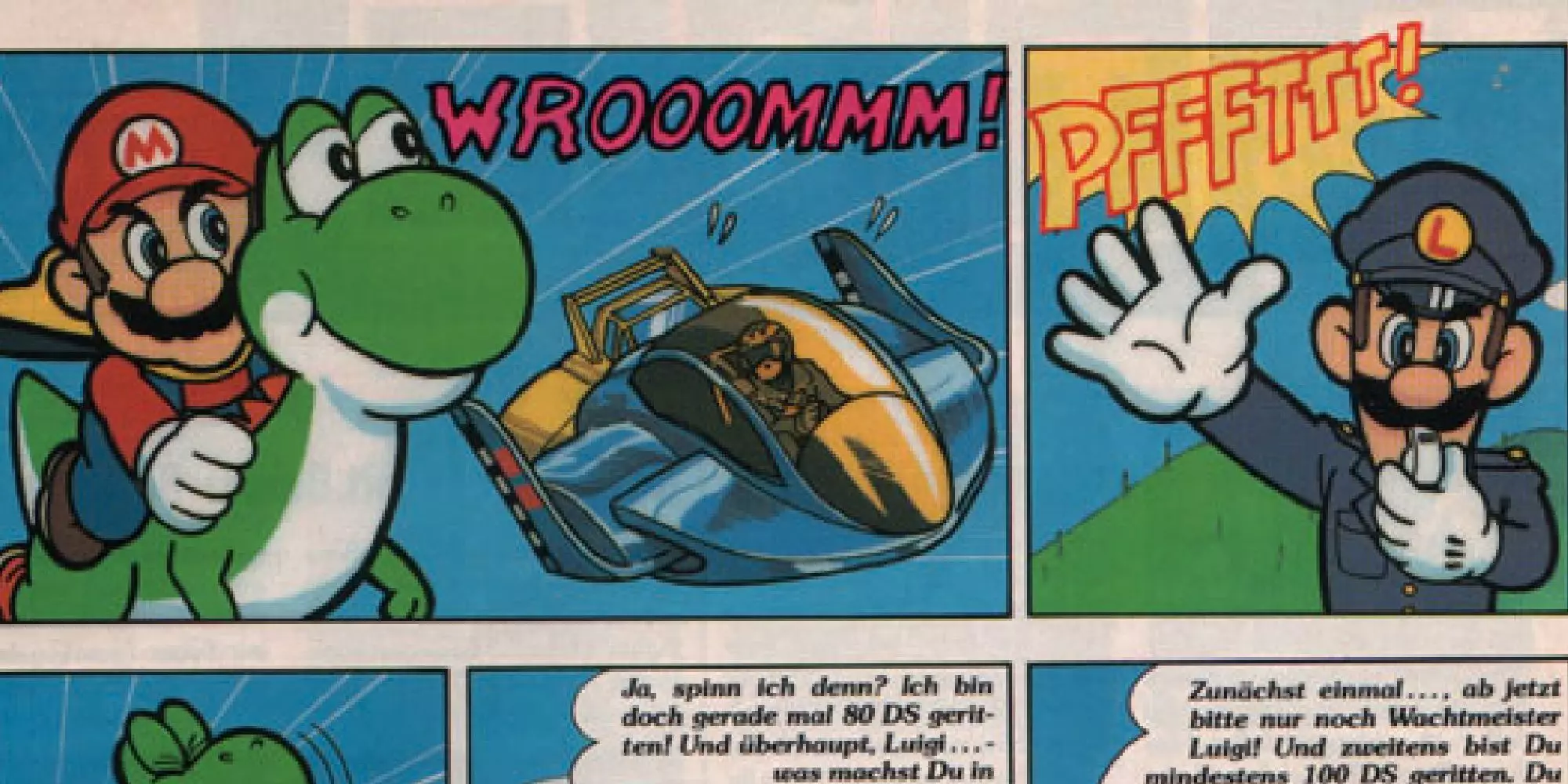 Luigi som politimand stopper Mario, da han suser forbi den blå falk på Yoshi