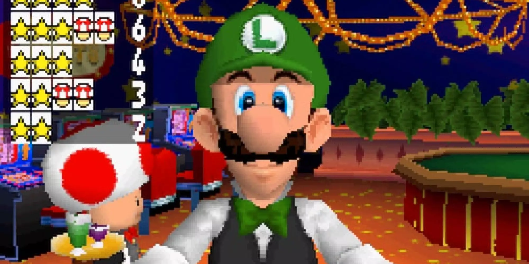 Luigi akiwa katika vazi lake la muuza kadi kwenye kasino huko Mario 64 DS