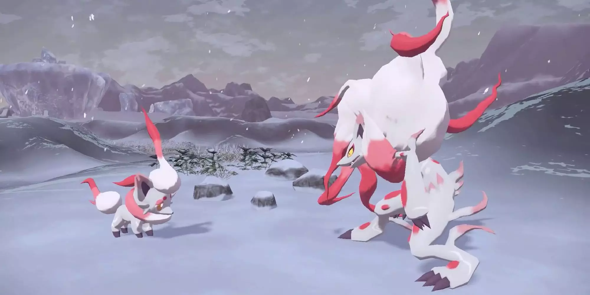 Hisuian Zoroark de pé cun Hisuian Zorua na neve en Pokemon Legends Arceus