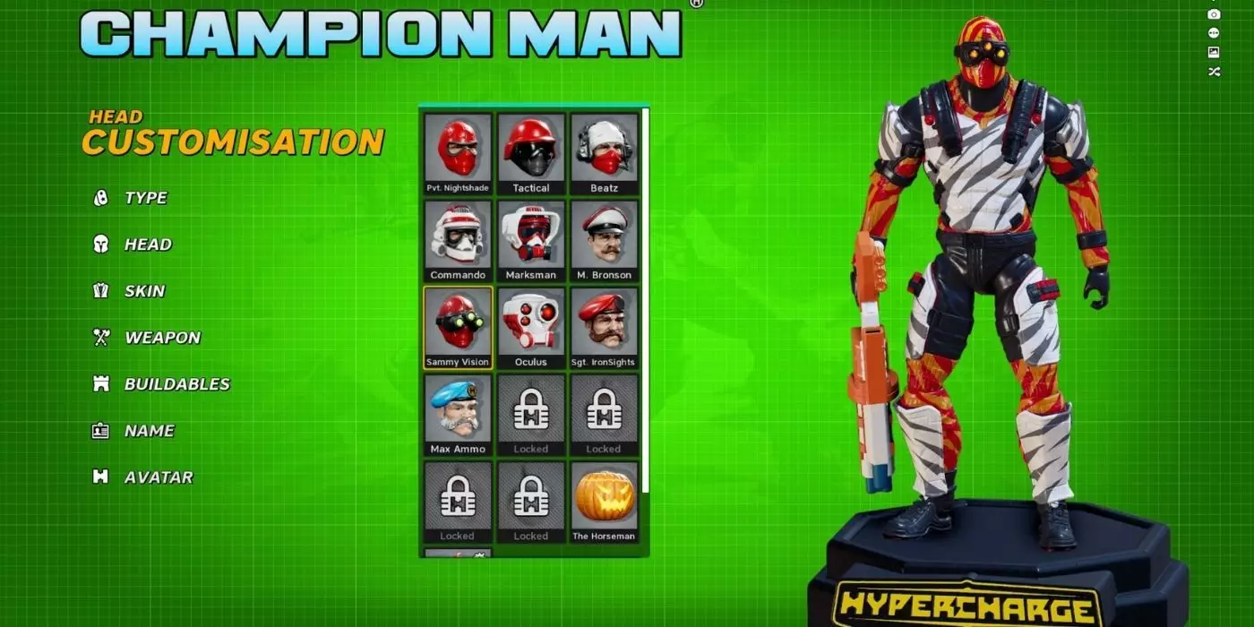 Hypercharge ရှိ ဇာတ်ကောင် Champion Man အတွက် စိတ်ကြိုက်ပြင်ဆင်ခြင်း မျက်နှာပြင်