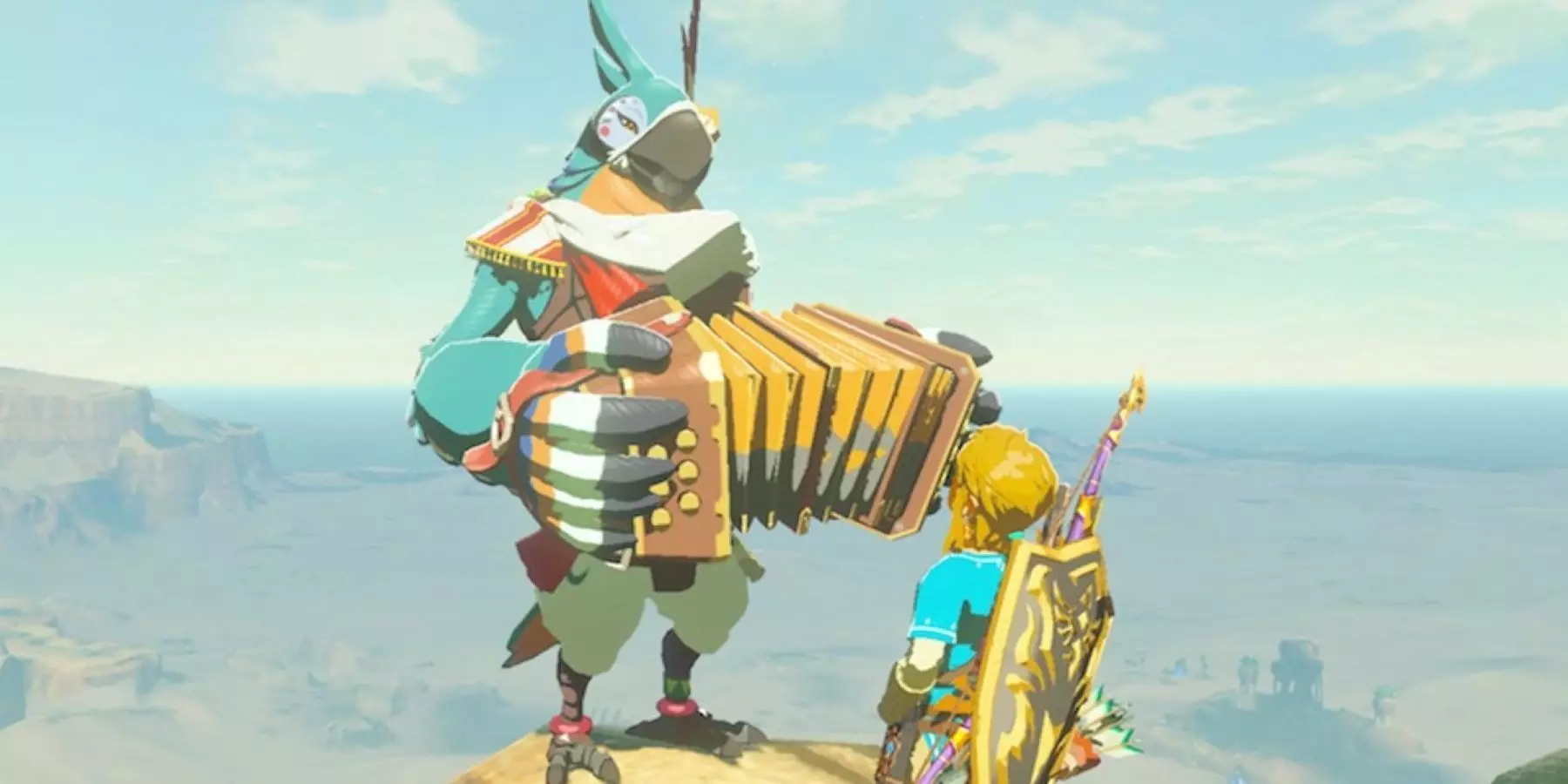 Kass le Link ba bua thabeng e fetang Lehoatata la Gerudo ho The Legend of Zelda: Breath of the Wild.