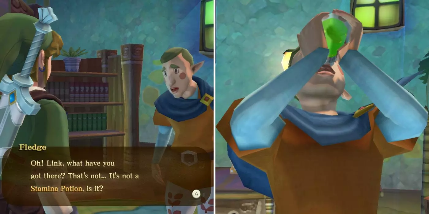 Fledge seine erste Flasche Ausdauertrank während der Nebenquest Fledges Training in The Legend of Zelda: Skyward Sword HD geben