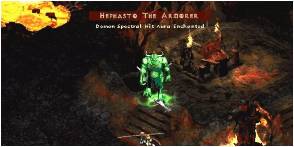 Diablo 2 Hephasto The Armorer که از بالای پله ها به پایین نگاه می کند