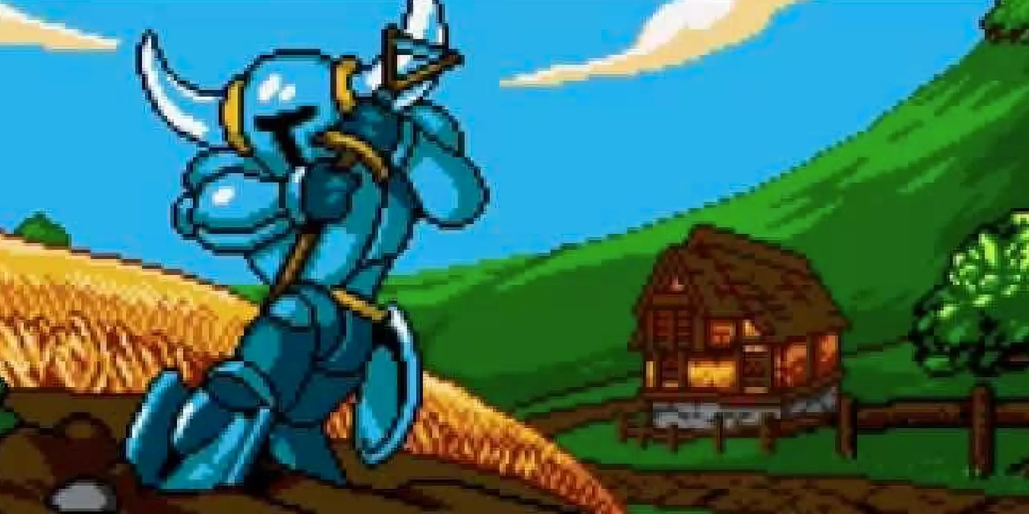 Shovel Knight bekerja di ladang dalam cutscene dari Shovel Knight