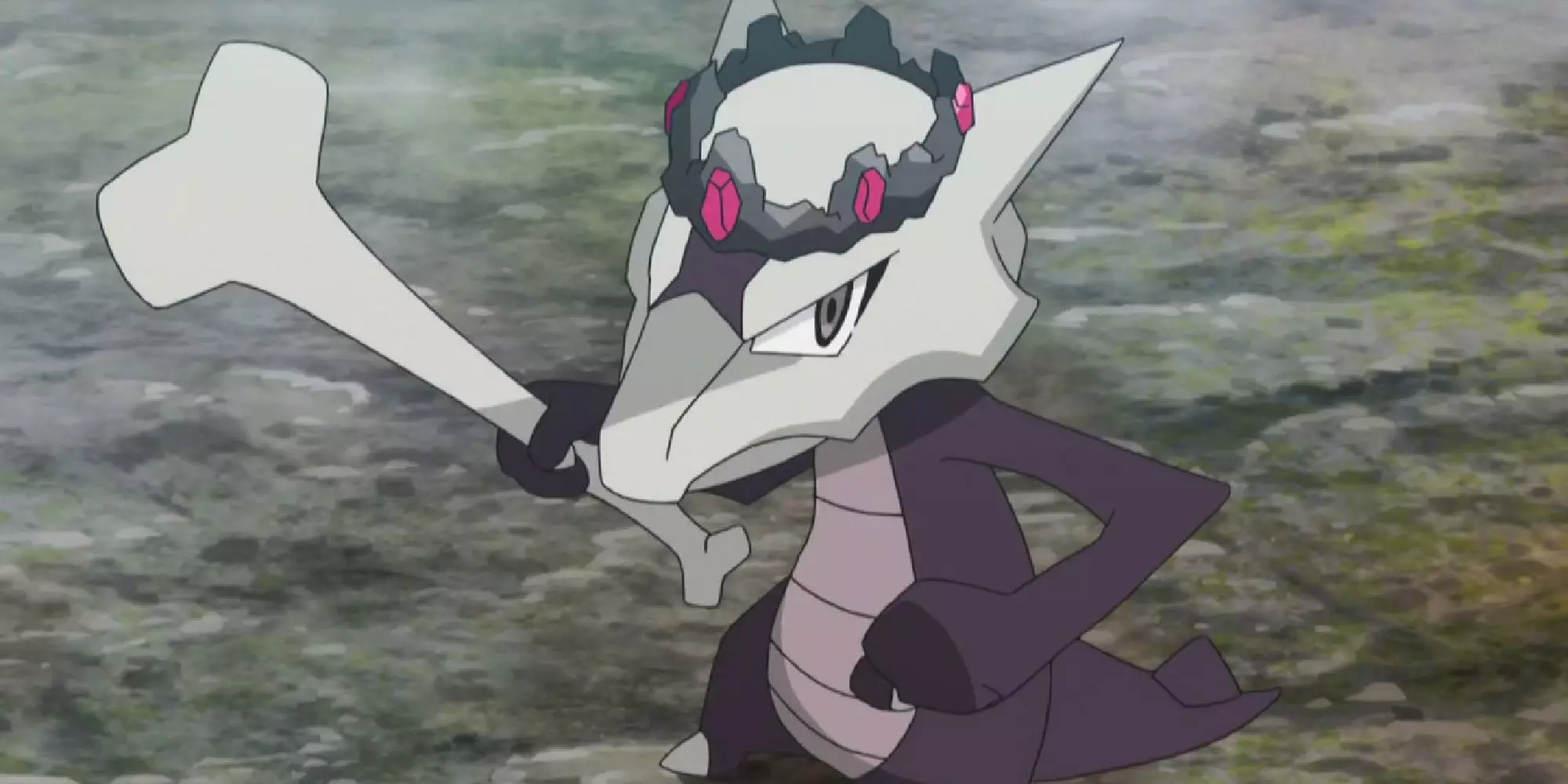 Alolan Marowak z Kiawe drží Bone Club v anime