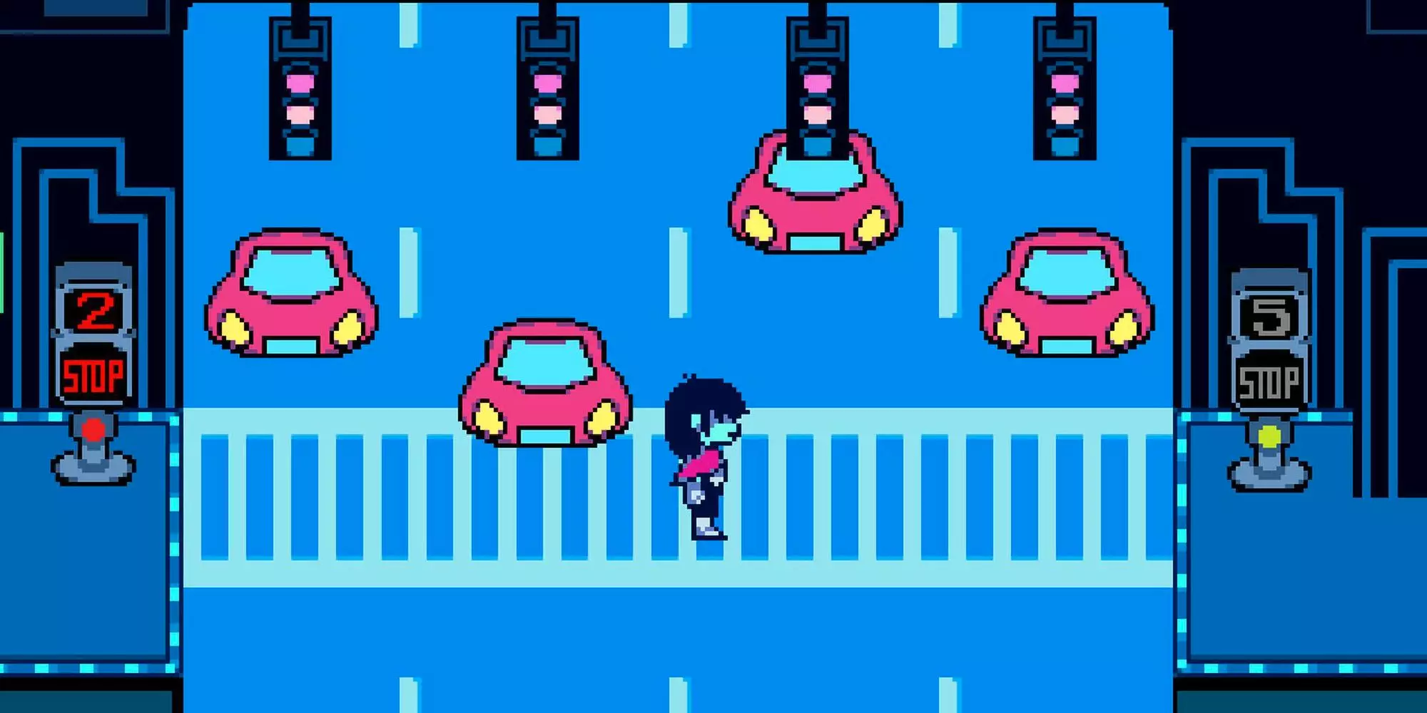 Kris يعبر شارعًا في عالم Deltarune