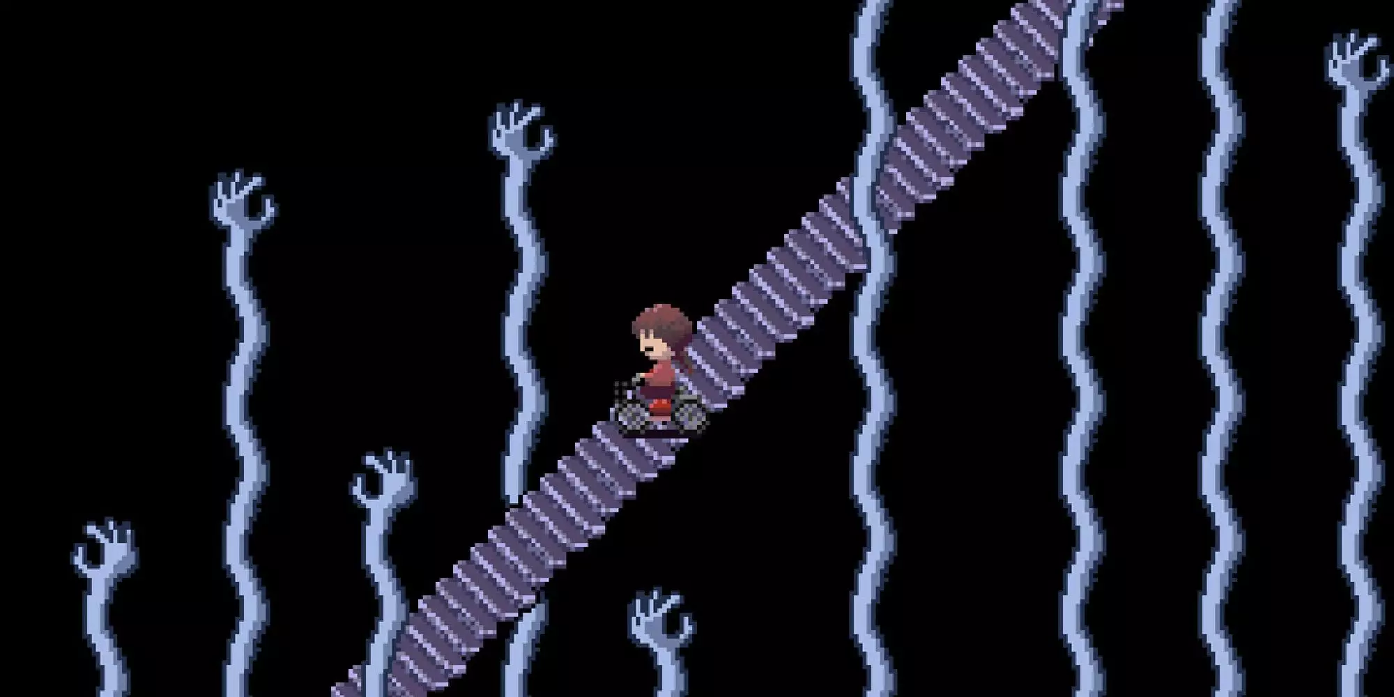 Yume Nikki'de perili bir merdivende gezinen bir oyuncu