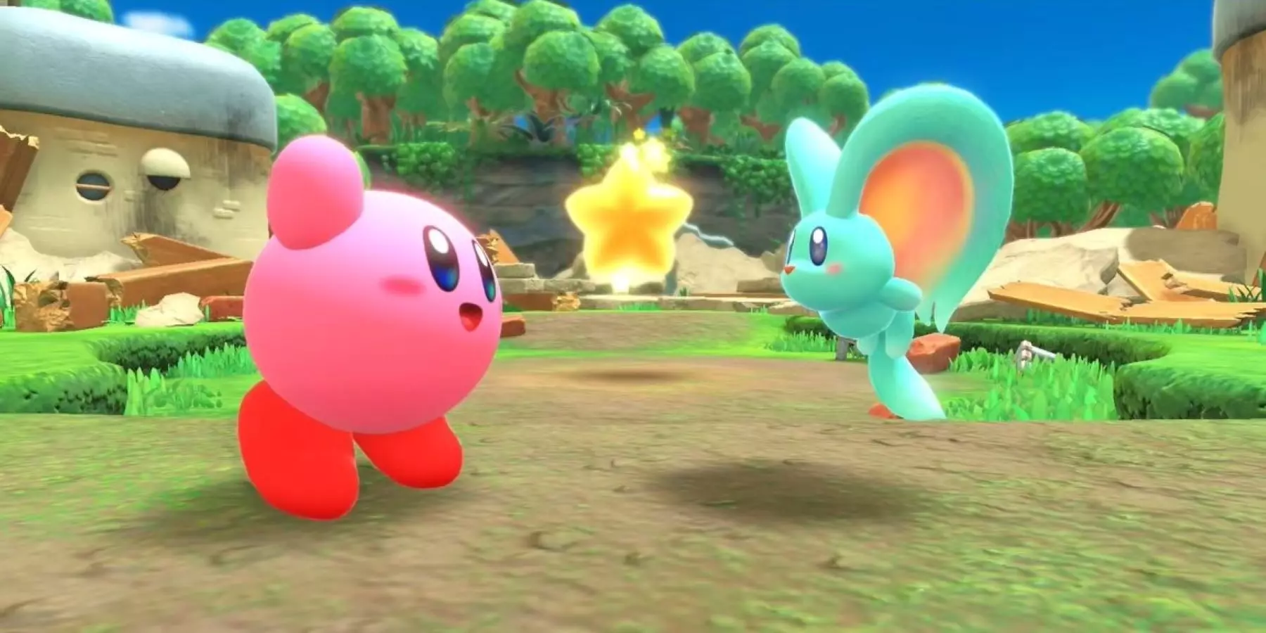 Kirby smiler og vinker til Elfilin i Kirby and the Forgotten Lands Waddle Dee Town