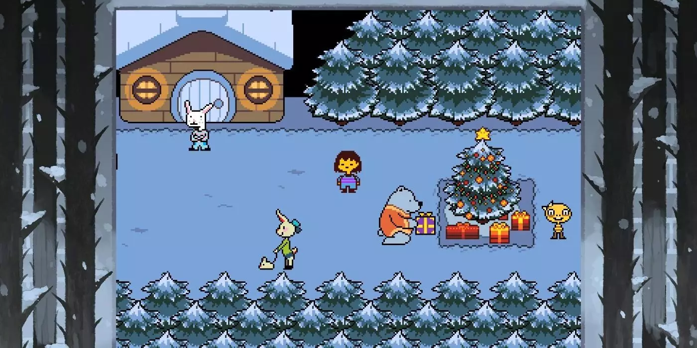 Undertale Berdiri Di Samping Pohon Natal