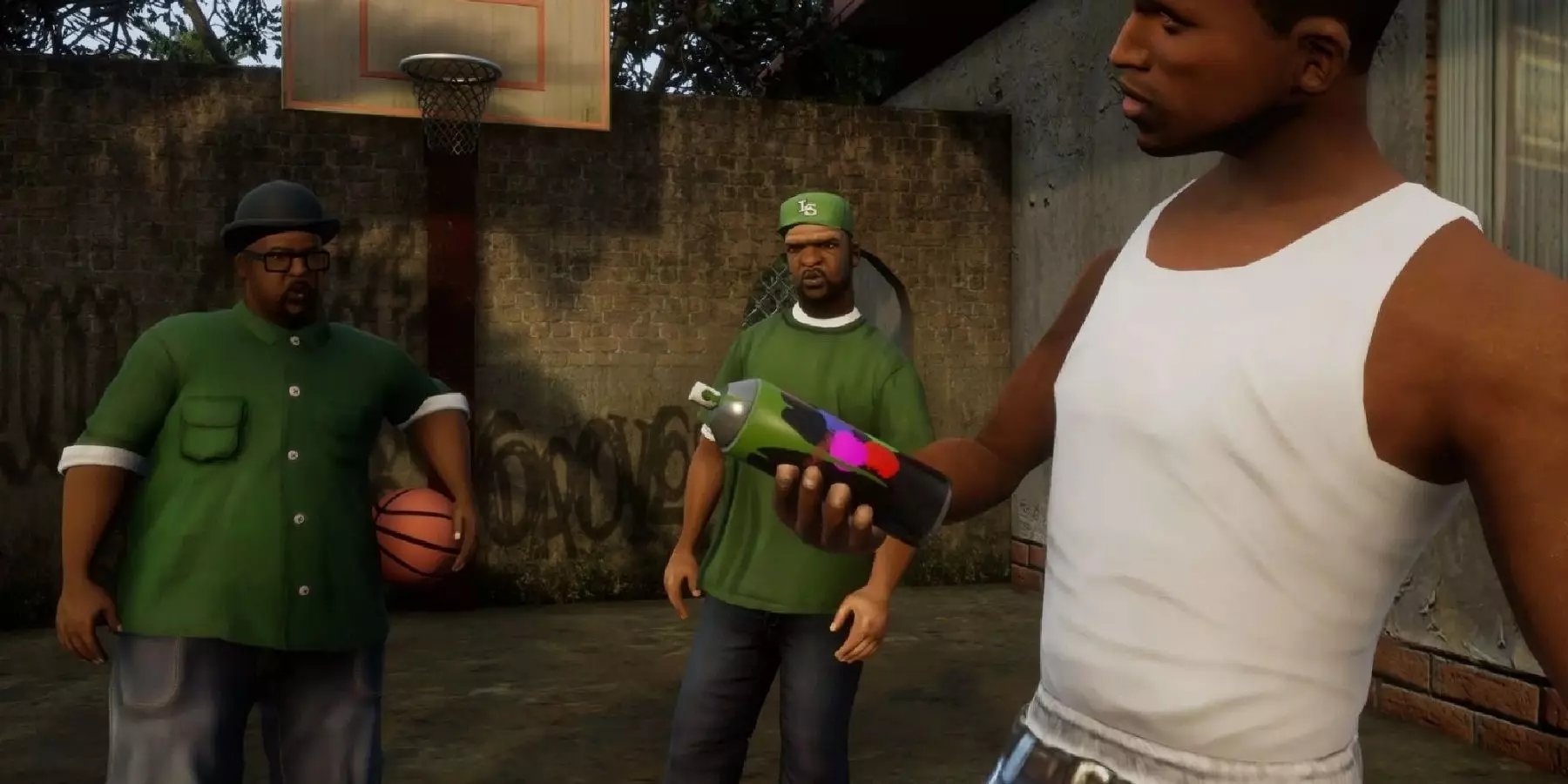 Sawir qaade ka timid Grand Theft Auto: San Andreas oo tusinaysa CJ oo la socda kooxda Grove Street Gang.