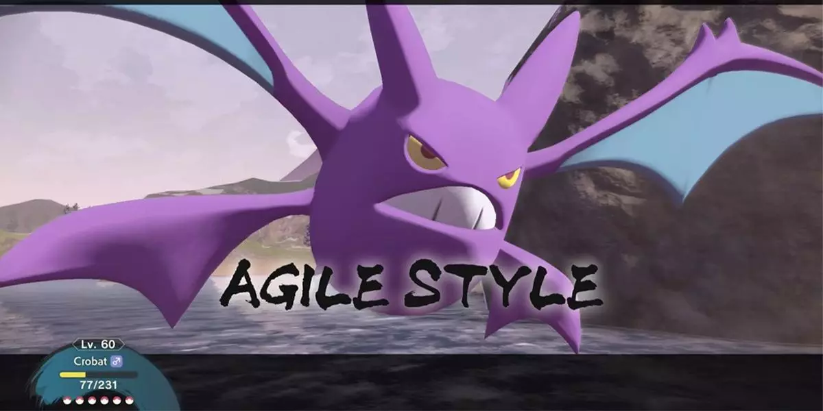 Krobat Pokemon Legends Arceus uporablja napad v stilu Agile