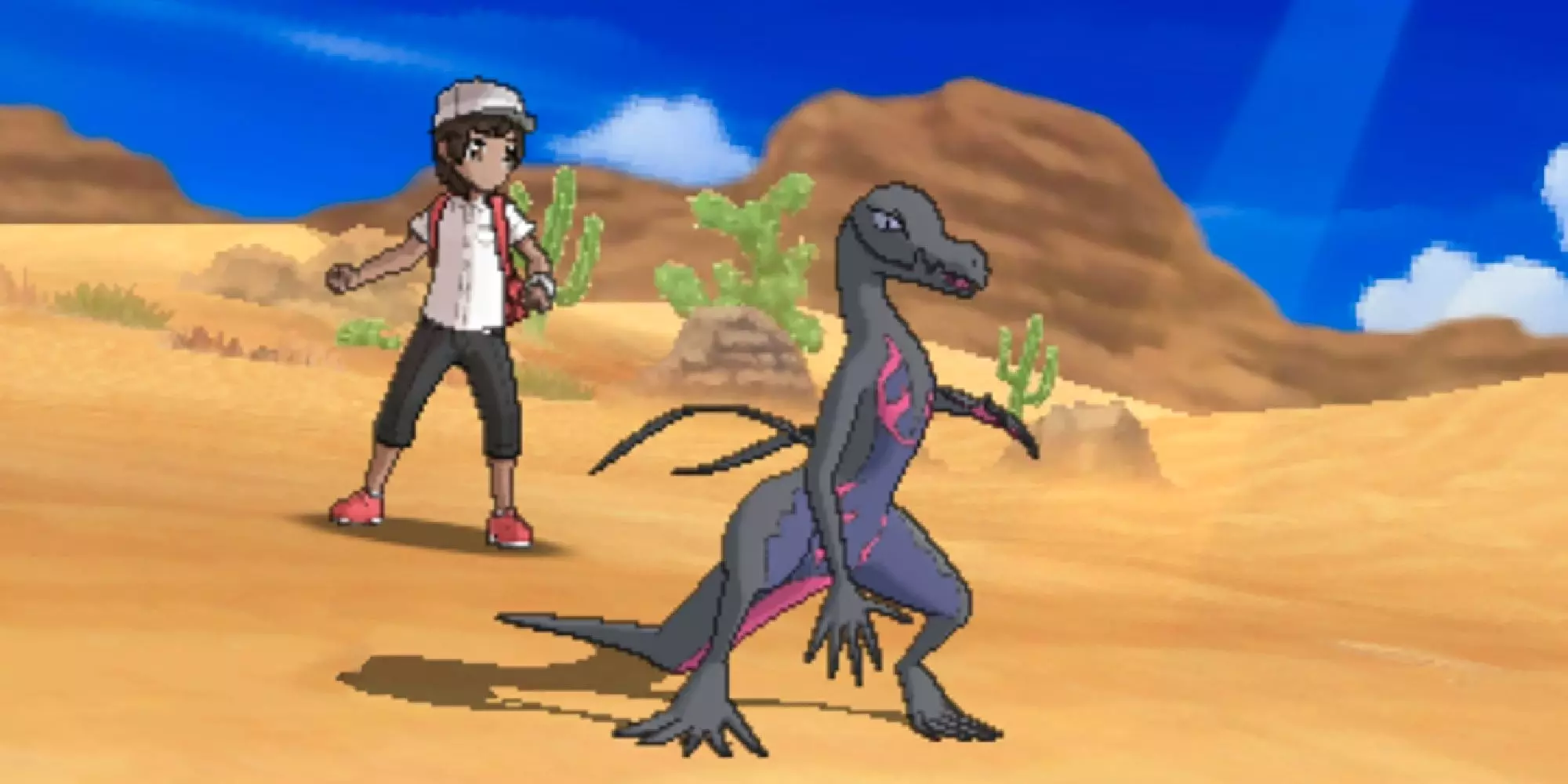 'n Pokémon-geveg in die woestyn met Salazzle in Sun & Moon