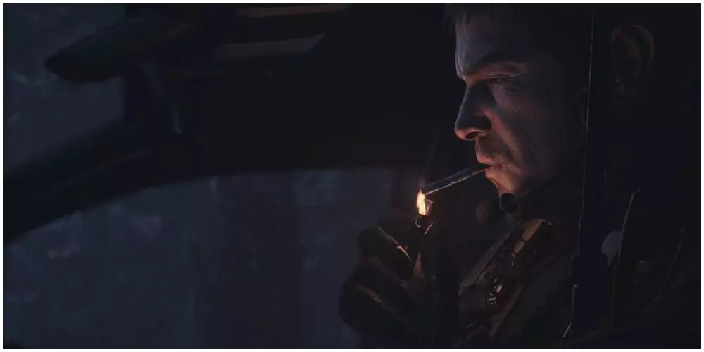 Resident Evil Village Chris Redfield acendendo un cigarro