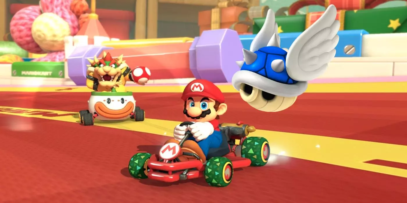 mario kart 8 blauwe schelp mario en bowser met paddenstoel