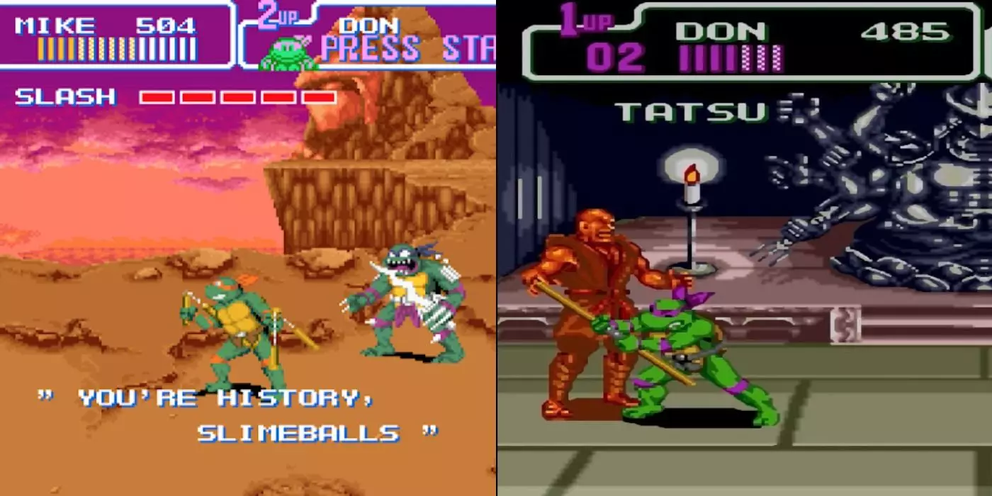 TMNT Turtles in Time Hyperstone Heist Slash Tatsu boss bojuje s rozdelenou obrazovkou