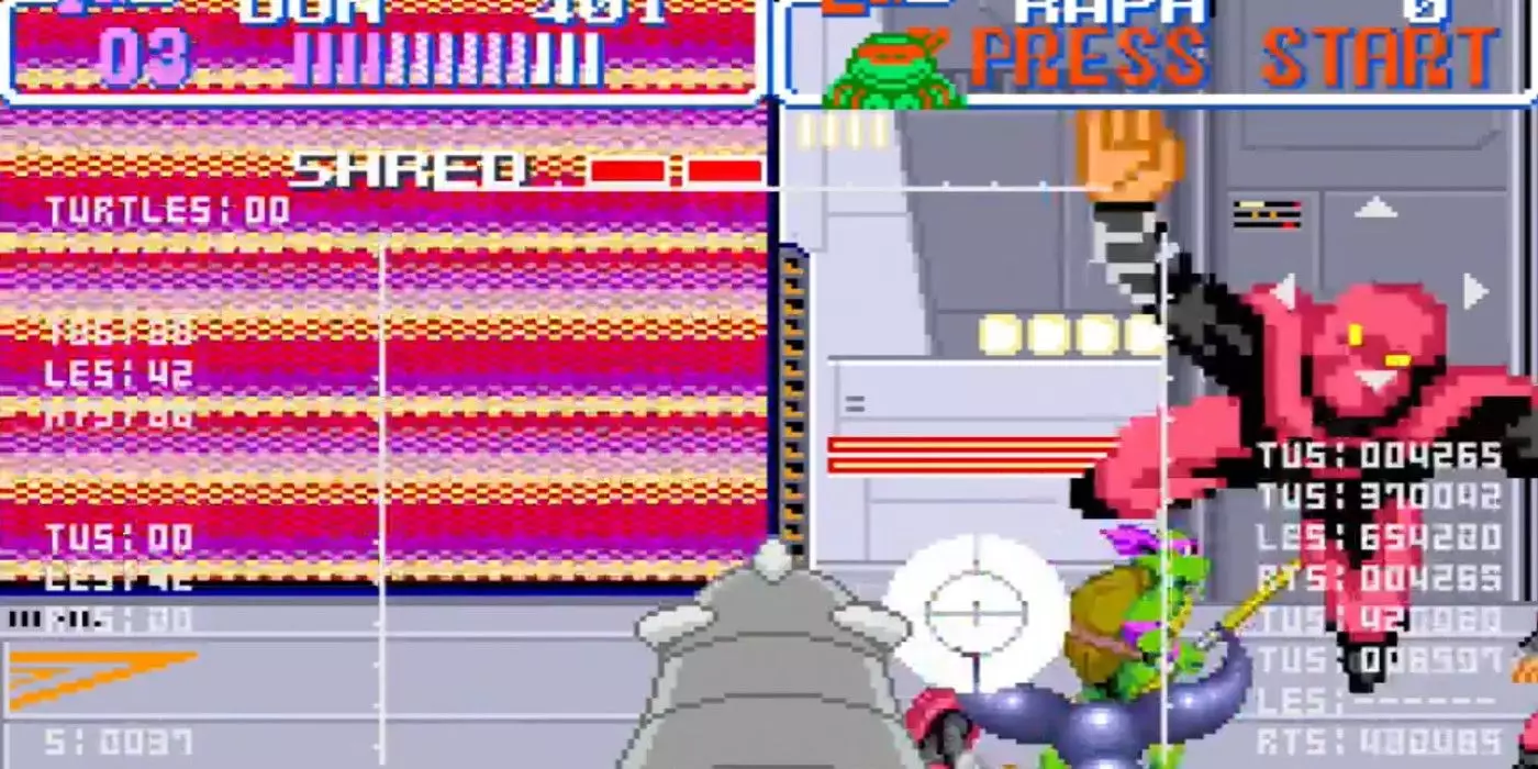 TMNT Turtles in Time bewerfen Shredder im Kampfpanzer mit einem roten Fußsoldaten