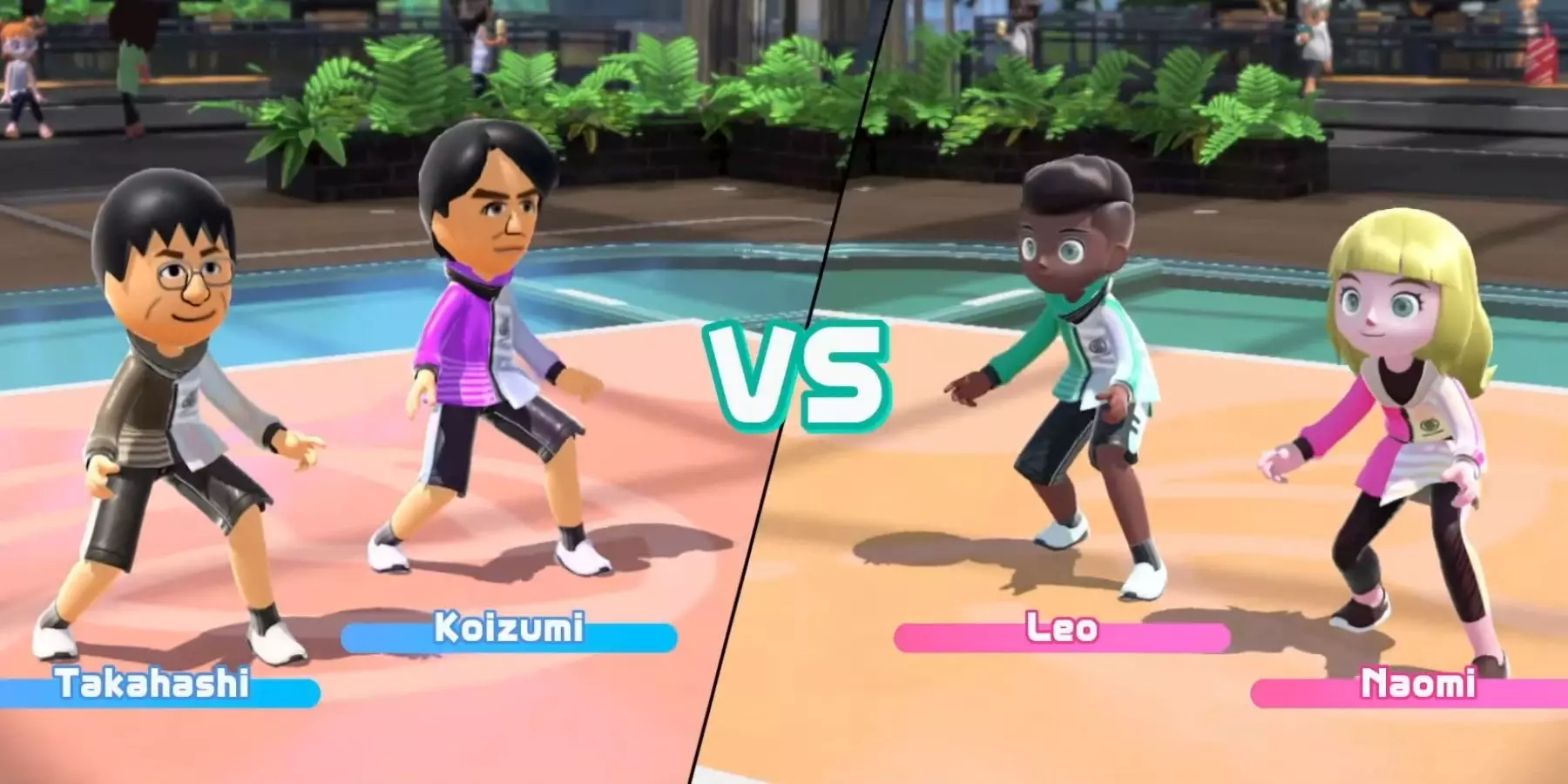 Mii Yoshiaki Koizumi dan Shinya Takahashi bermain voli melawan NPC di Nintendo Switch Sports