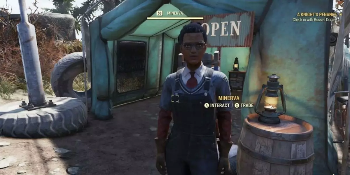 Fallout 76 Minerva gold bullion muuzaji amesimama karibu na hema lake