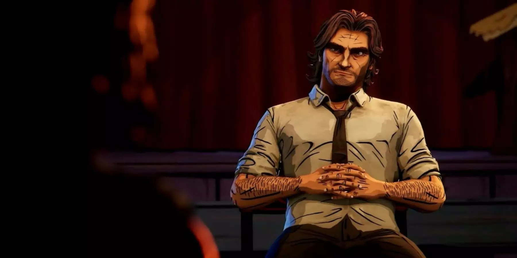 Bigby Wolf chita nan yon sesyon terapi gwoup nan Wolf Among Us 2