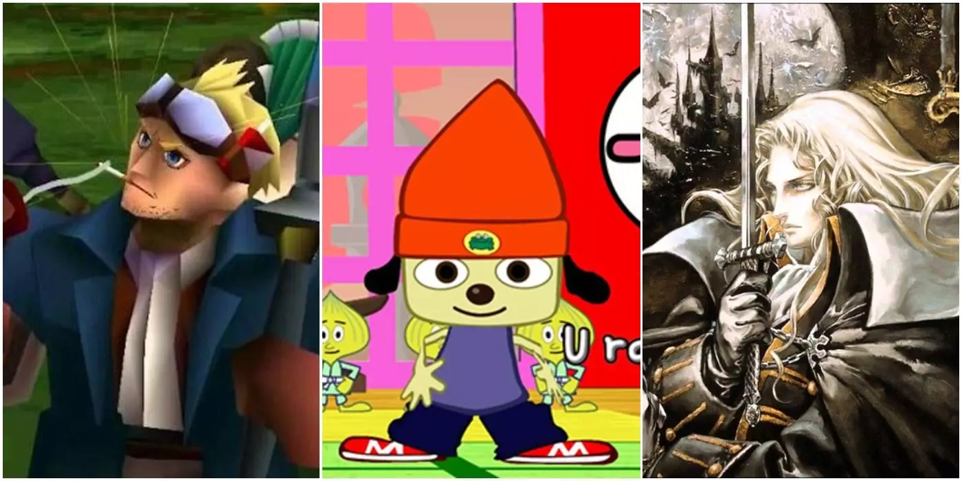 sawirada jilayaasha ciyaarta PS1 oo ay ku jiraan Cid Highwind, Parappa the Rapper, iyo Alucard