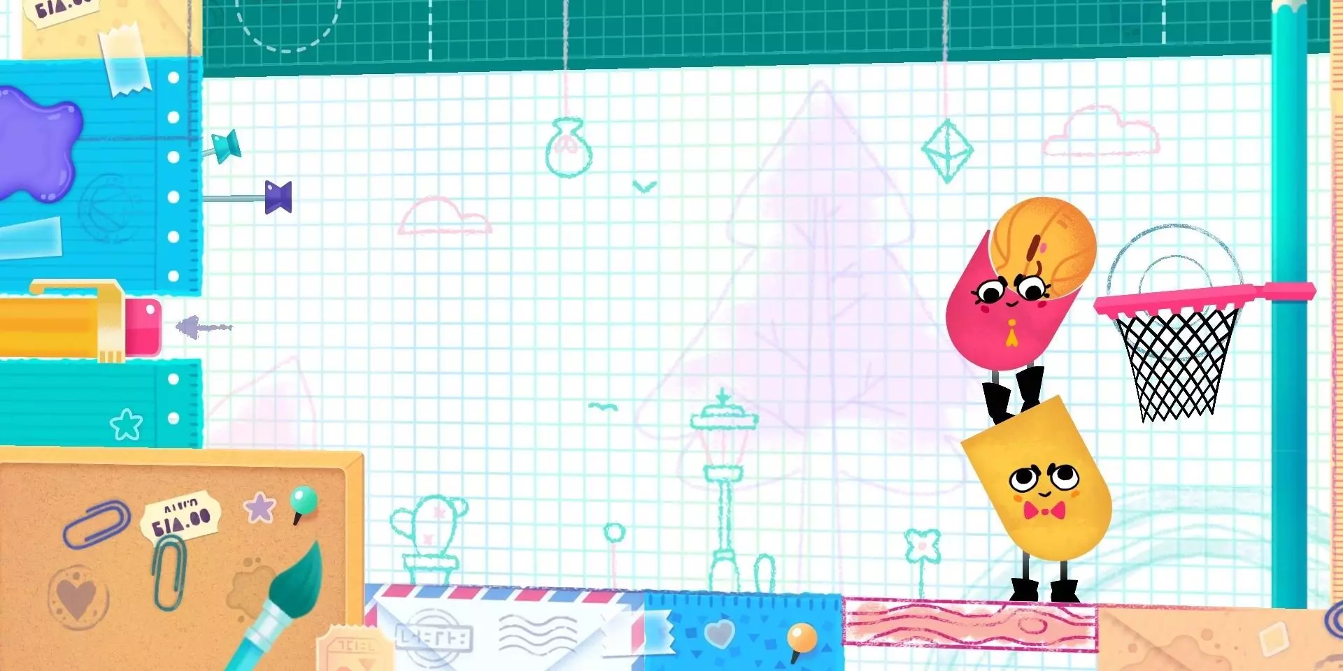 Snip und Clip arbeiten zusammen, um einen Basketball in Snipperclips einzutauchen