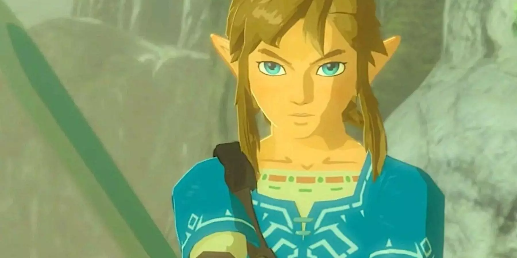 Pautan memakai Tunik Juara dan mengacungkan pedang dalam The Legend of Zelda: Breath of the Wild