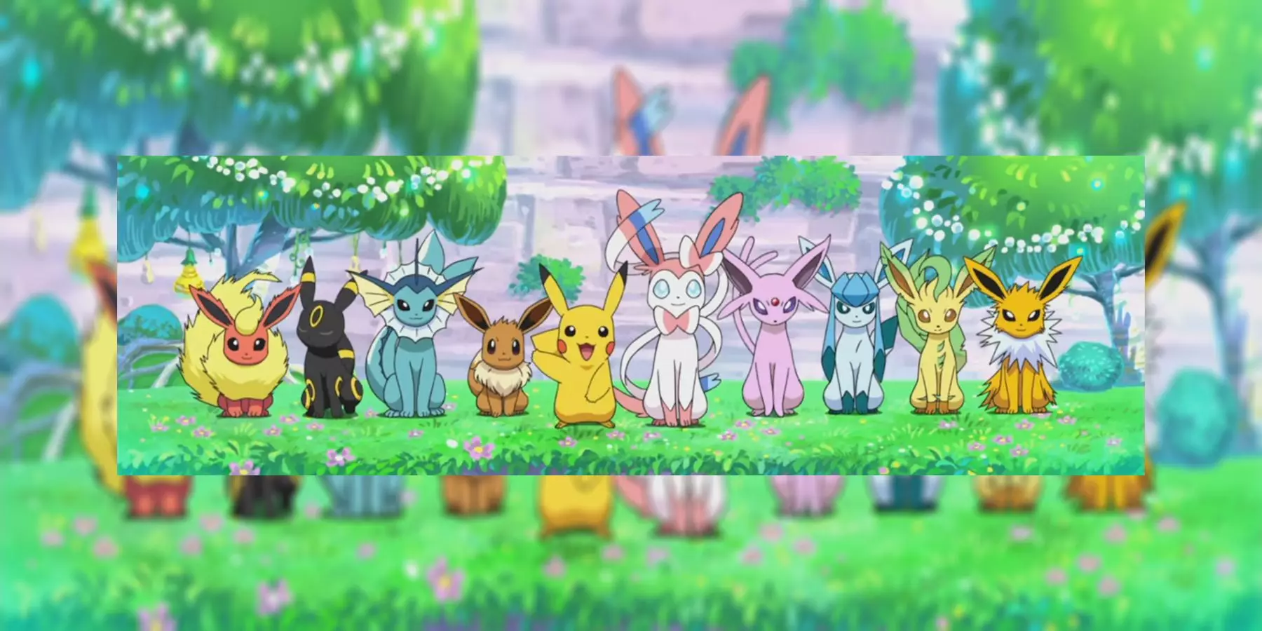 Tout Eeveelutions yo kòm nan Pokemon Sword ak Shield aliyen ak Eevee ak Pikachu tou. De goch a dwat: Flareon, Umbreon, Vaporeon, Eevee, Pikachu, Sylveon, Espeon, Glaceon, Leafeon, ak Jolteon.