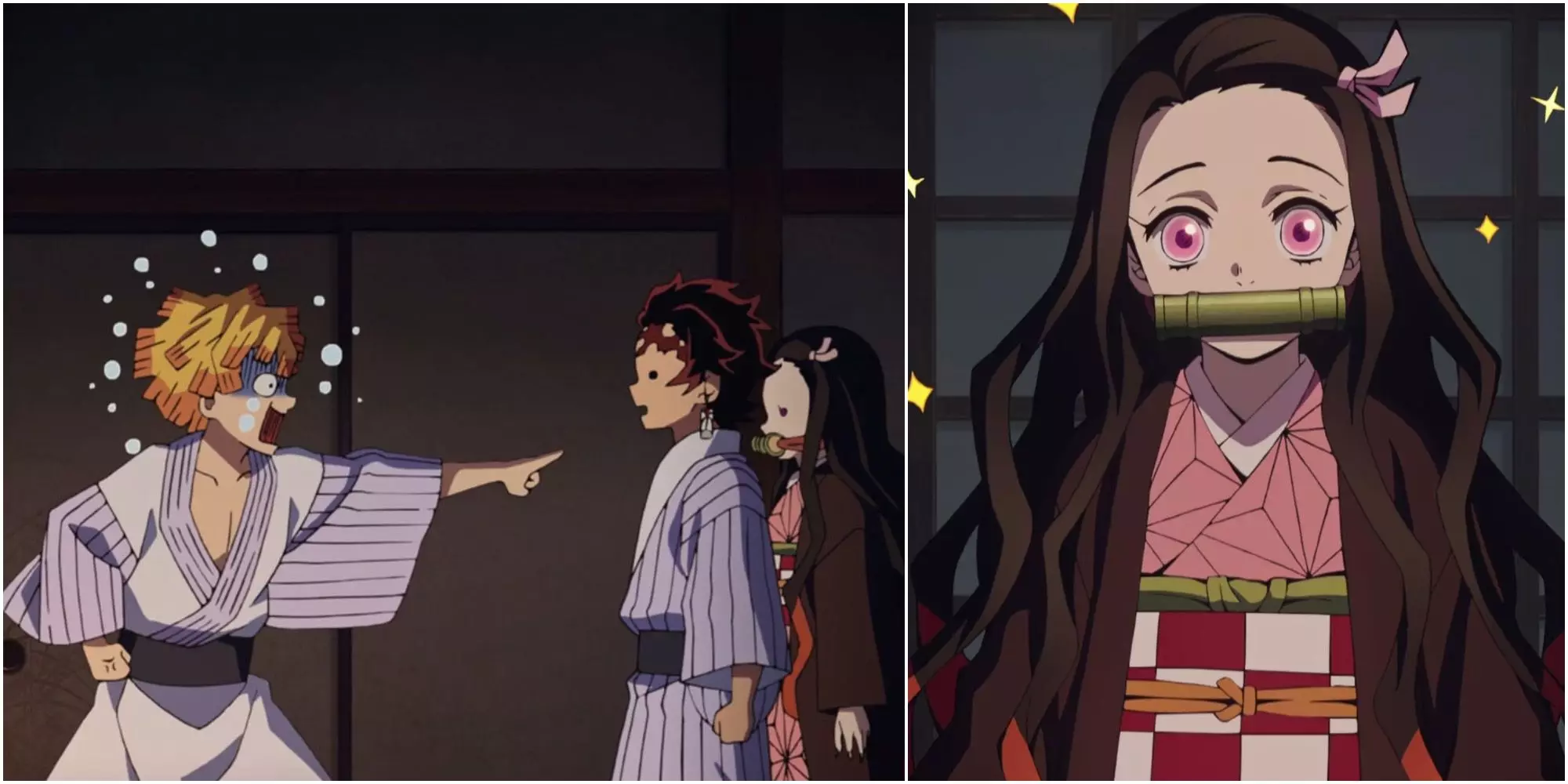 Demon Slayer Zenitsunun Tanjiro və Nezuko və Parıldayan Nezuko ilə üzləşdiyi kollaj