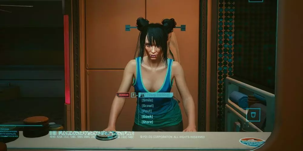 Cyberpunk 2077 V കണ്ണാടിയിലേക്ക് നോക്കുകയും മുഖങ്ങൾ ഉണ്ടാക്കുകയും ചെയ്യുന്നു