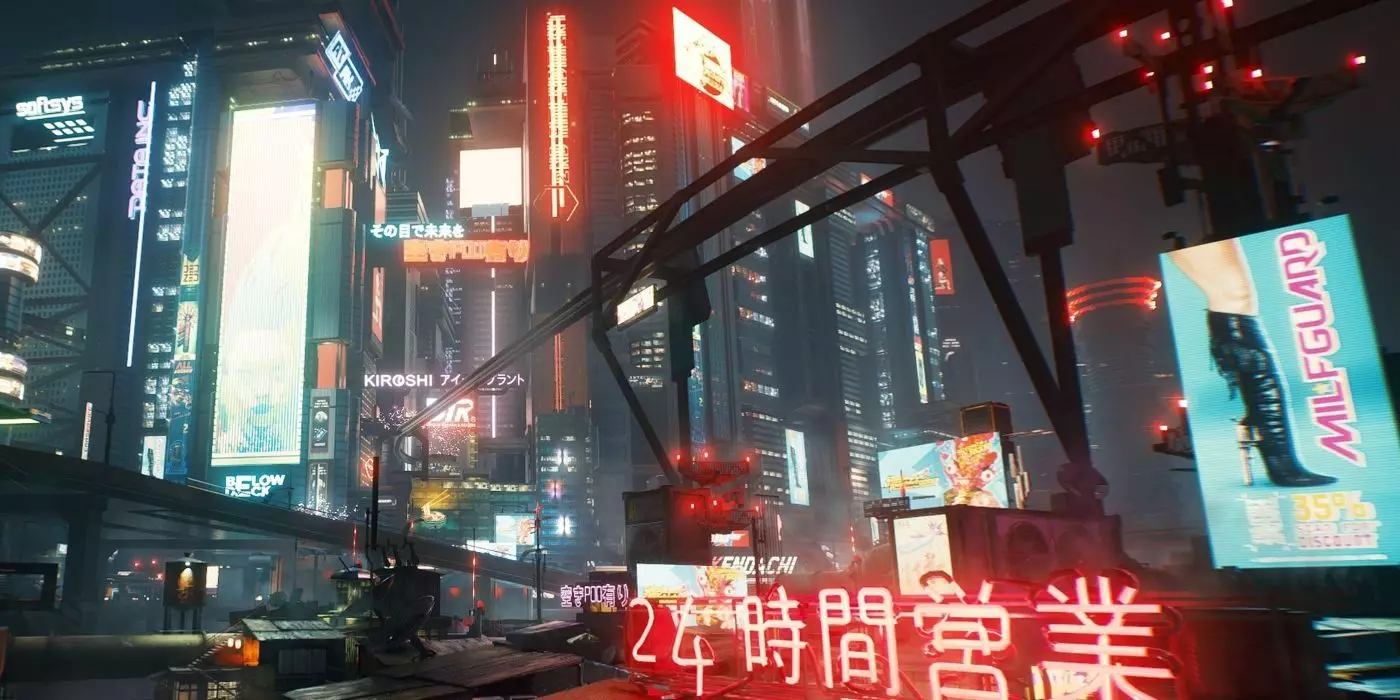 Cyberpunk 2077 Night City дар шаб чароғҳои неон ва биноҳои осмонбӯс