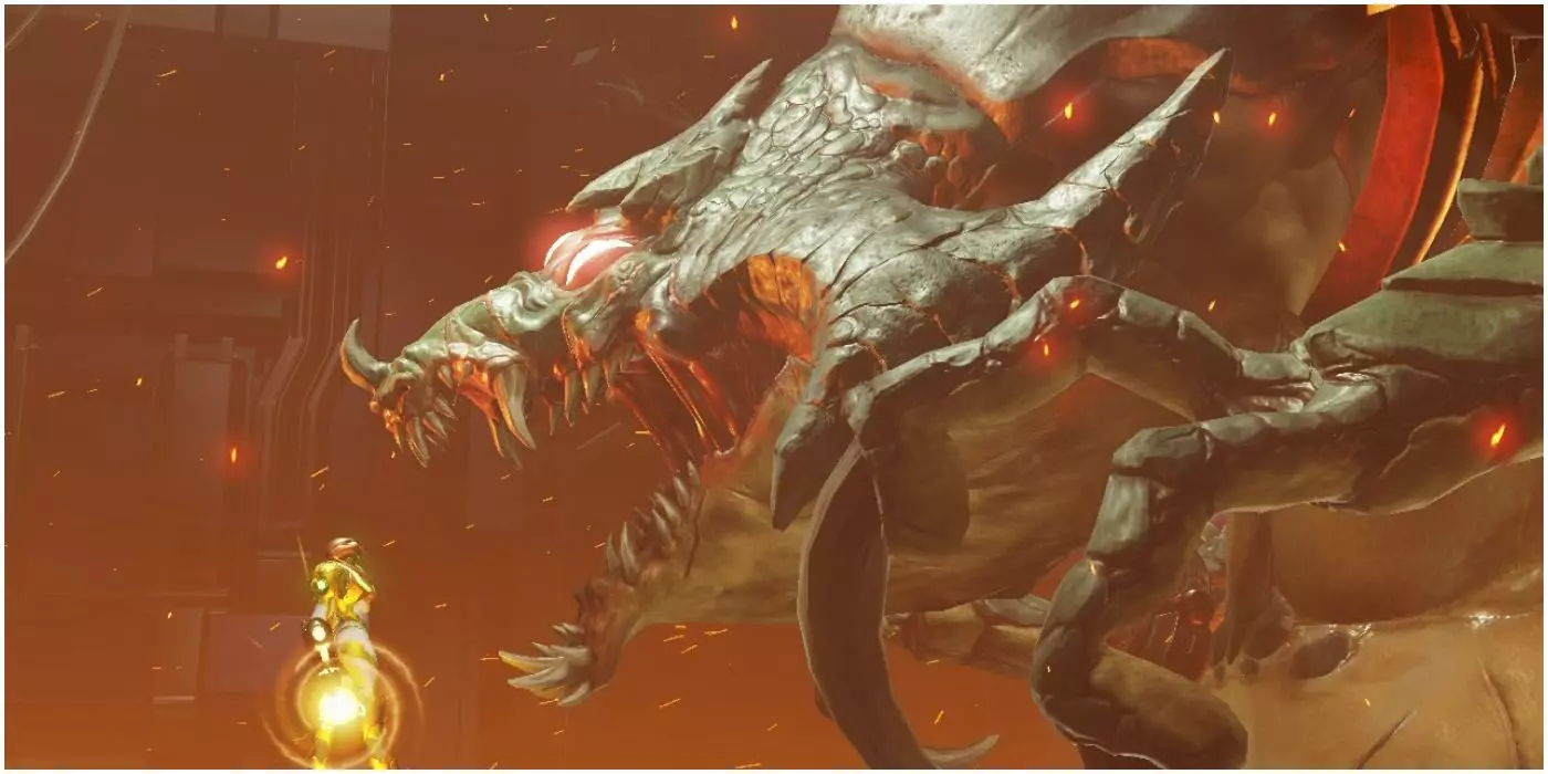 Metroid Dread Kraid ඇගේ ආයුධය ආරෝපණය කරමින් Samus වෙත ගර්ජනා කරයි